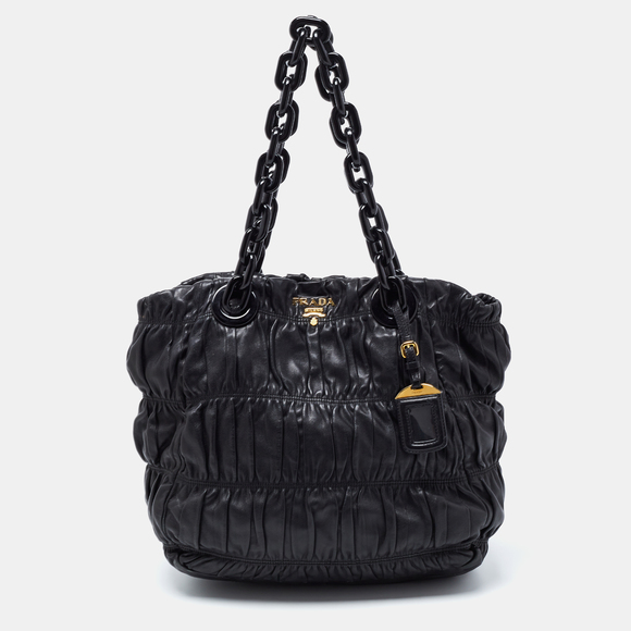 Prada | Bags | Prada Black Gaufre Leather Chain Tote | Poshmark